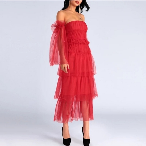 Dresses | Sexy Solid Red Tiered Ruffles Dress | Poshmark